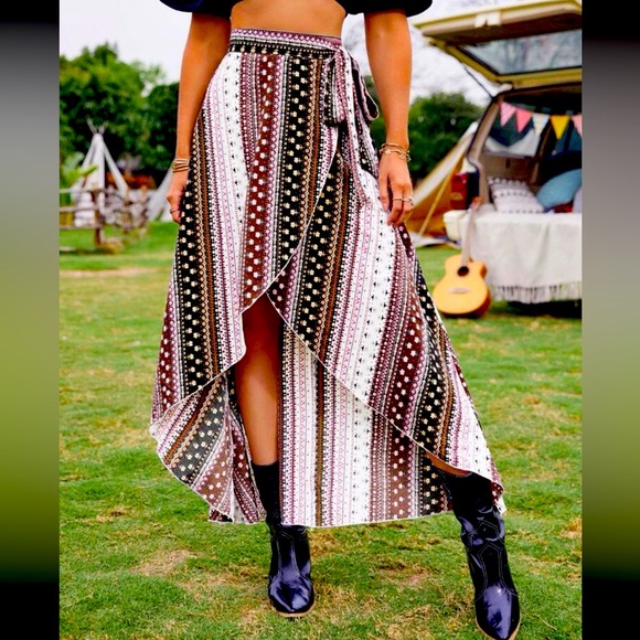 SHEIN | Skirts | Shein Whitebrown Floral Boho Gypsy Maxi Split Skirt ...